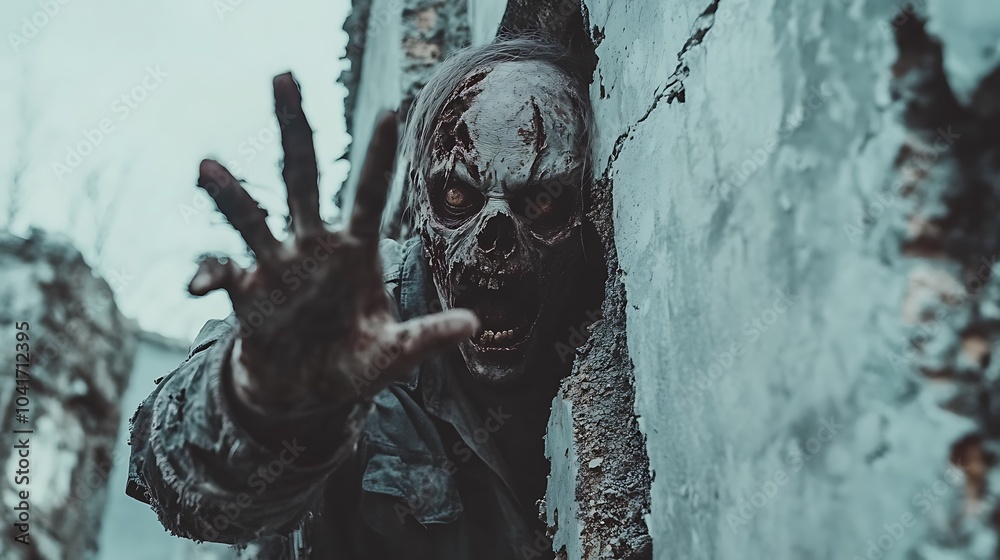 Zombie with torn clothing and decayed skin reaching out from behind a ...