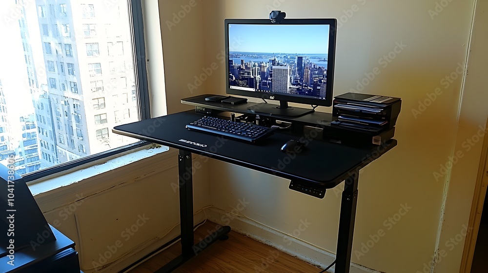 Streamlined and modern home office with an ergonomic standing desk setup featuring a laptop ...