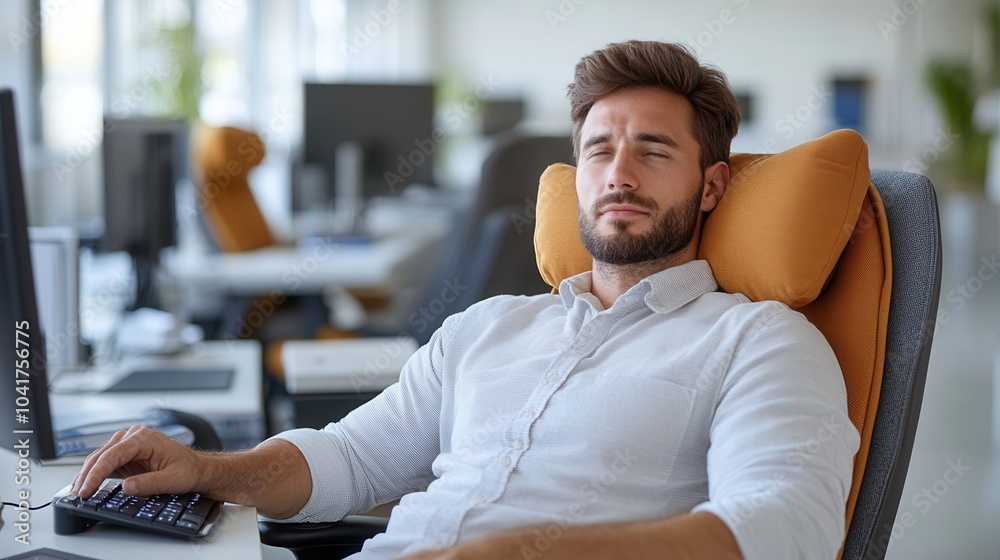 A young man sits comfortably in a modern office, leaning back in an ...