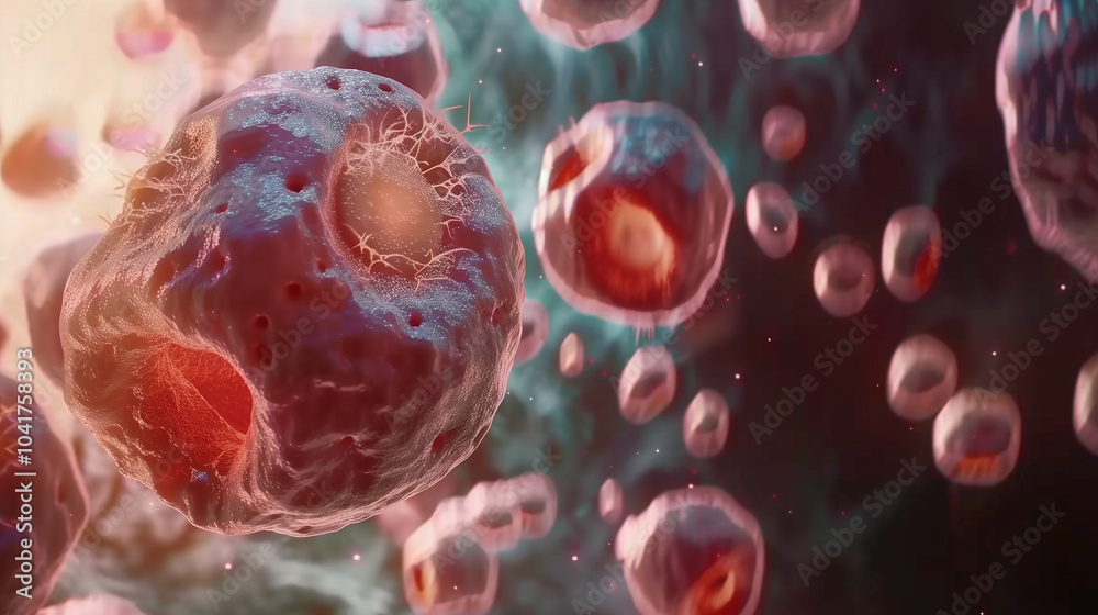 Microscopic view of a cell undergoing apoptosis, nucleus shrinking and ...