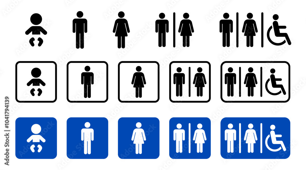 WC blue symbols set. Man and woman toilet icon. Wheelchair accessible ...
