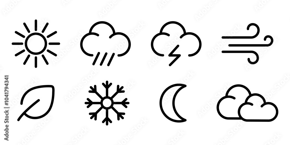 Weather thin icon set. Sun and cloud sign. Rain and thunder symbol ...