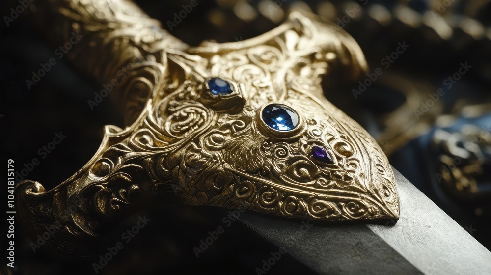 Sword hilt featuring carvings and gemstones soft light adding depth and ...
