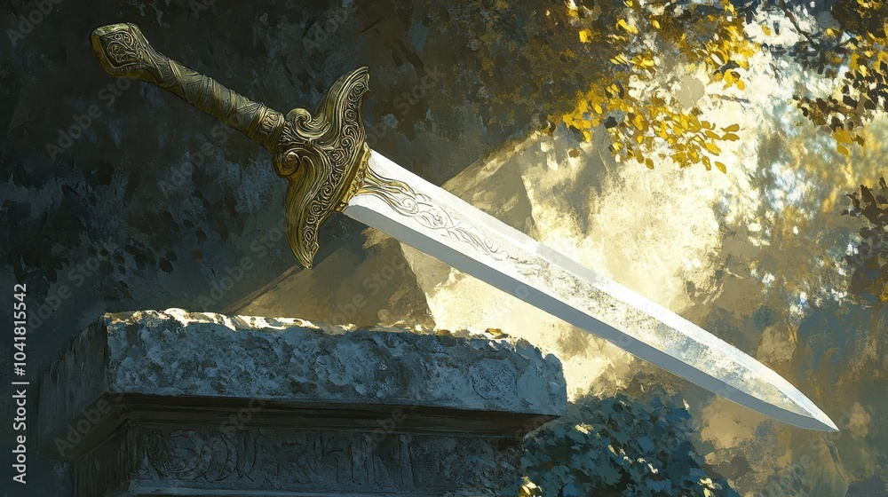 Greek sword on stone bright light reflecting on blade hilt showcasing ...