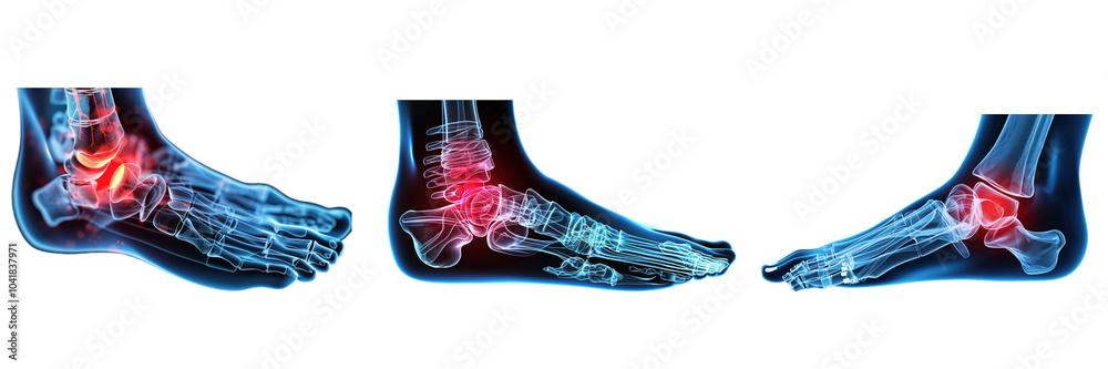 Foot x-ray inflammation, side and top view, highlighted red joints ...