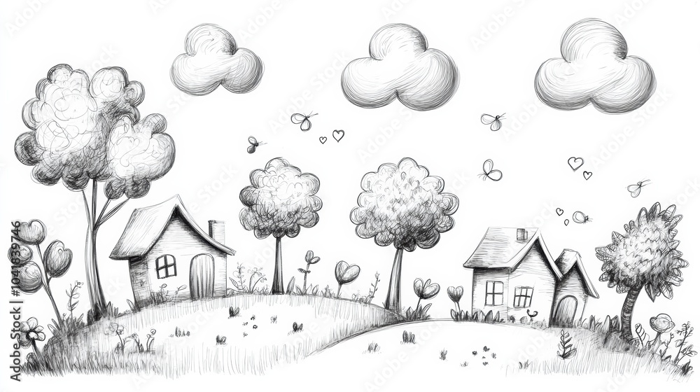 Delightful hand-drawn doodles showcase simple houses, fluffy clouds ...