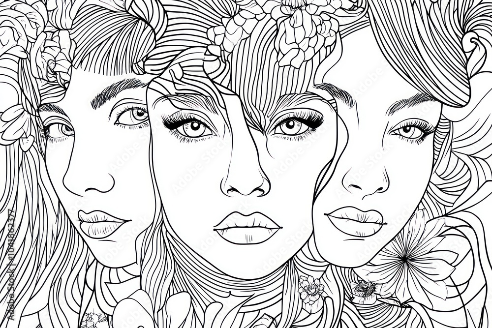 Colouring book page, outlines only, surreal and contemporary, the ...