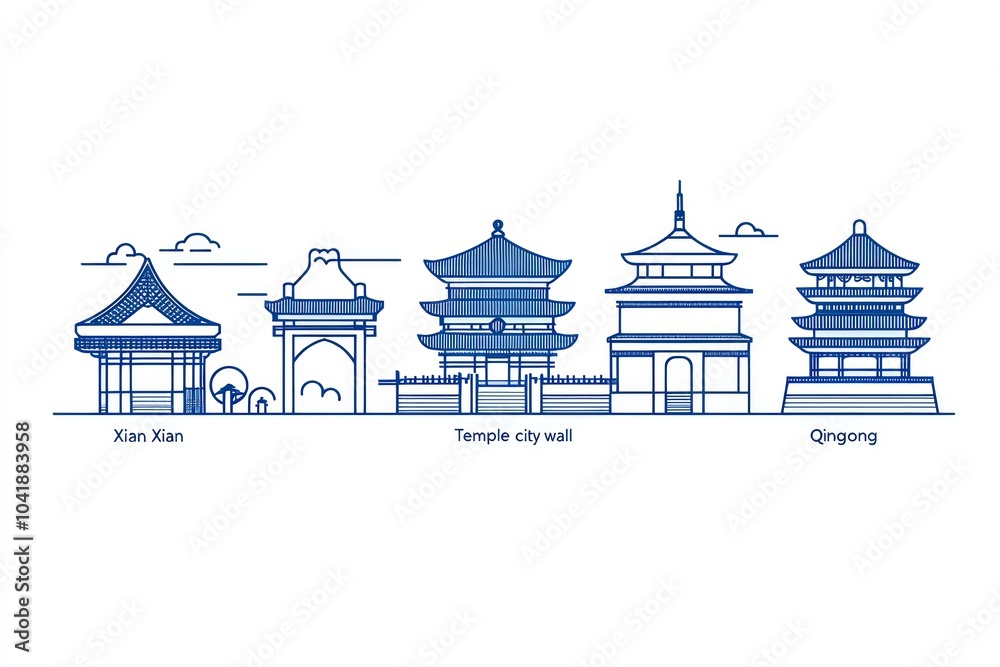 line art icons representing the most famous places in Beijing ...