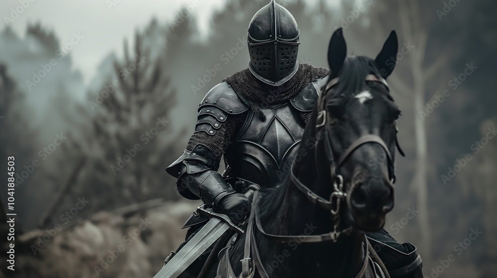 Brave Medieval Soldier on a Black Horse Wields Ancient Sword - Armored ...