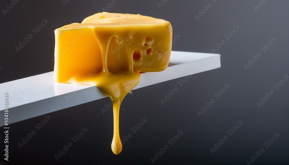 A block of yellow cheddar cheese is melting on a white table; cheese is ...