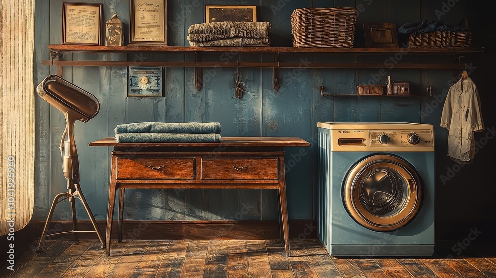 An artistic arrangement of a modern washing machine and iron ...