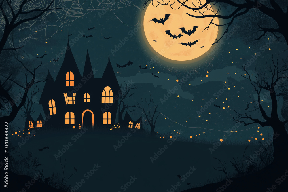 Design a spooky Halloween-themed postcard featuring a haunted house ...
