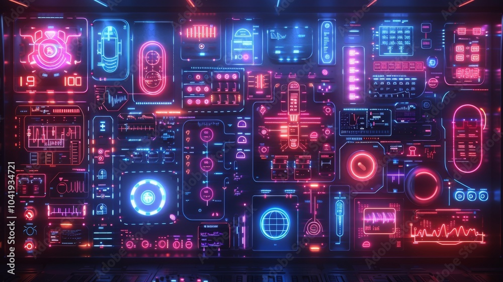 Arrange a neon showcase of medical facility management symbols ...