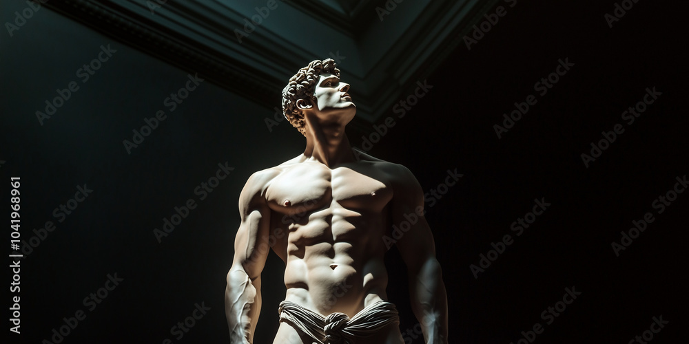 The imposing figure of a Roman male statue, with strong, stoic ...