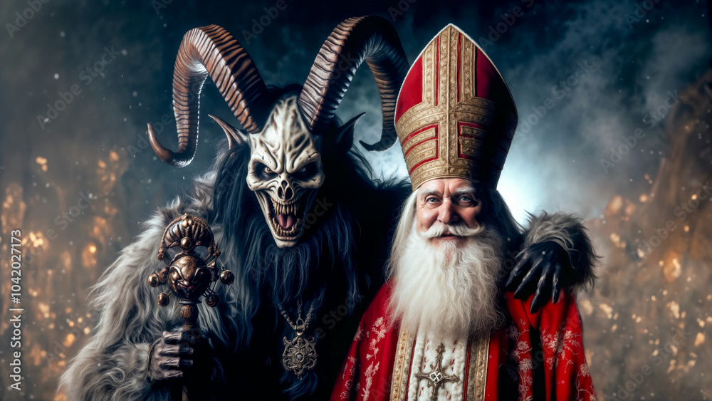 Krampus demon with horns and St. Nicholas standing together in snowy ...