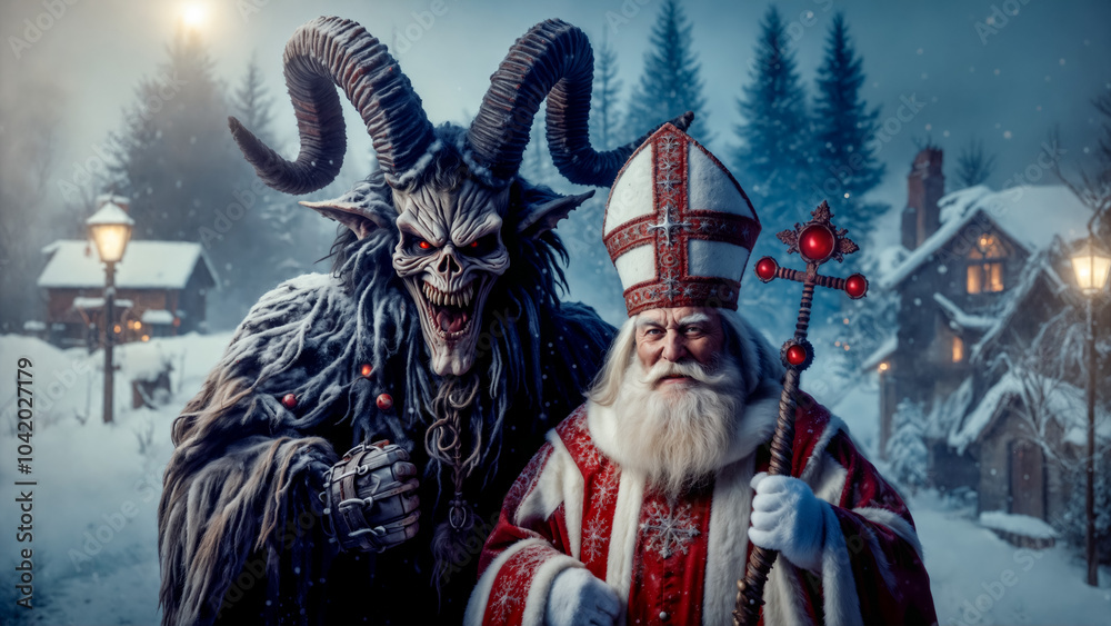 Krampus demon with horns and St. Nicholas standing together in snowy ...