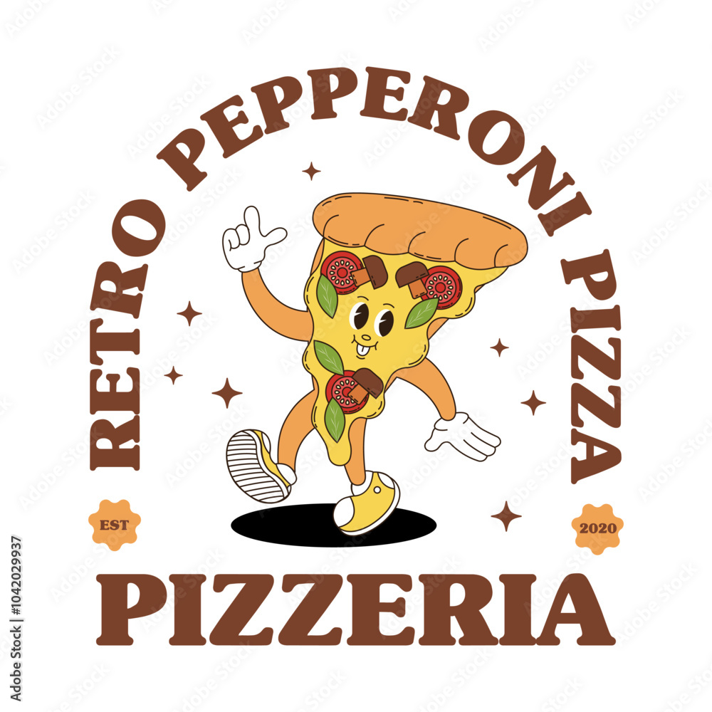 Retro logo mascot with pizza. Groovy food mascot for pizzeria, bistro ...
