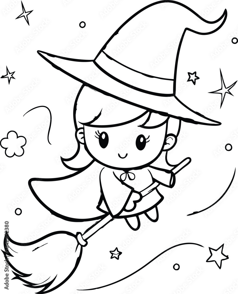 cute girl witch big hat drawing black line art coloring page, kids ...
