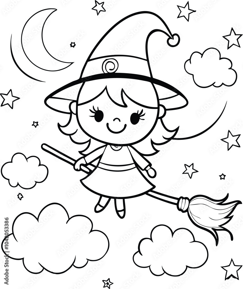 cute girl witch big hat drawing black line art coloring page, kids ...