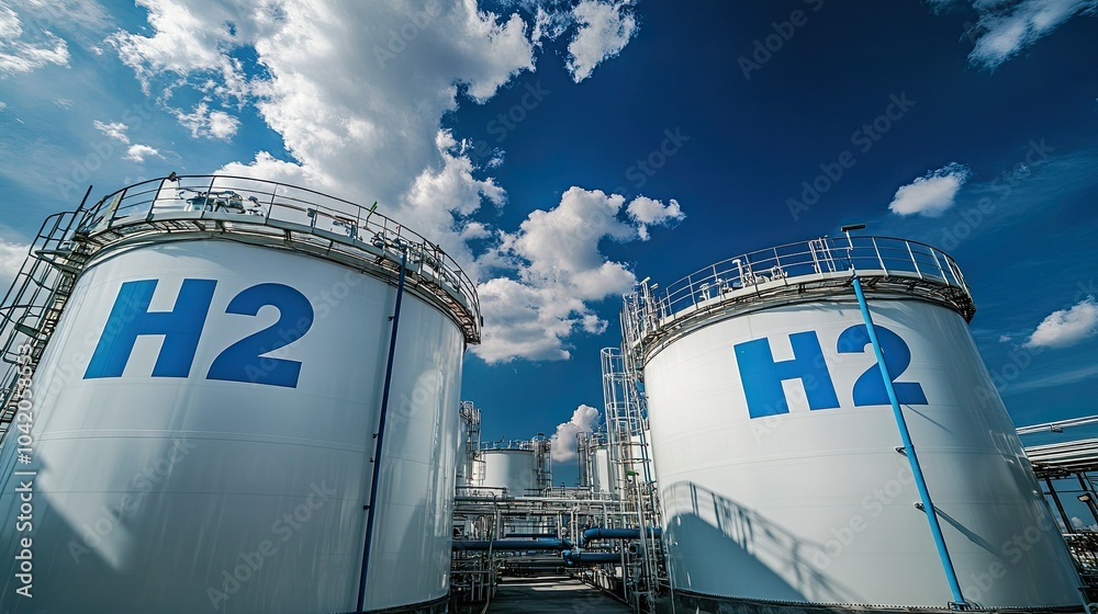 Hydrogen storage tanks labeled "H2" against a vivid blue sky ...