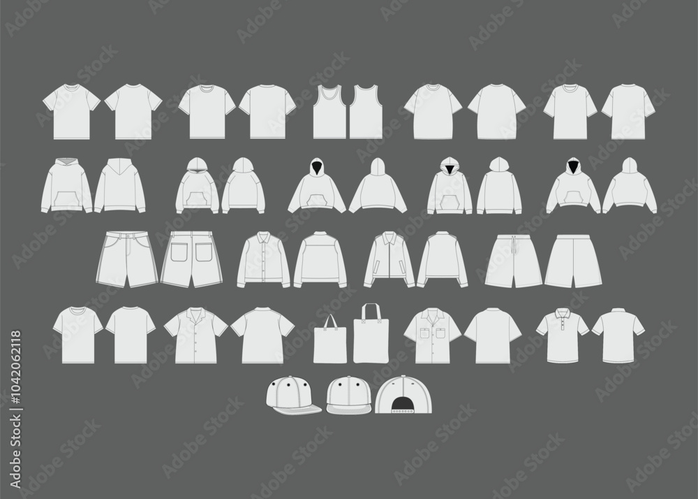 Vector de Stock Streetwear Essentials Mockup Pack, Fashion Flat Sketch ...