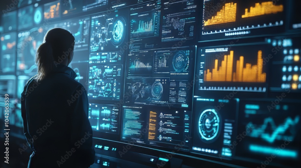Analyst utilizing technology dashboard with charts, data science, big ...