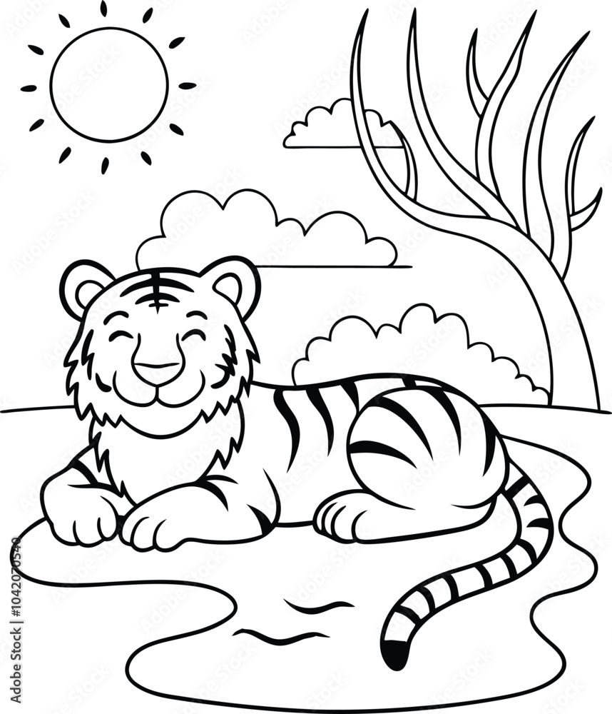 Hand-drawn cute tiger black line art coloring page, tiger line drawing ...