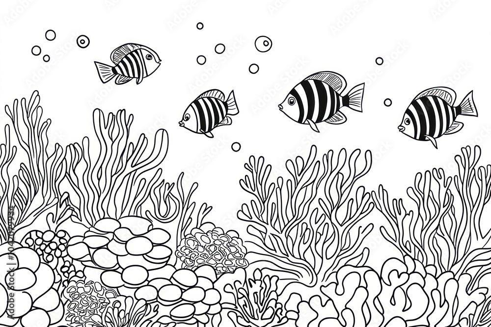Coral reefs, coloring page for kids, line art. Stock Illustration ...