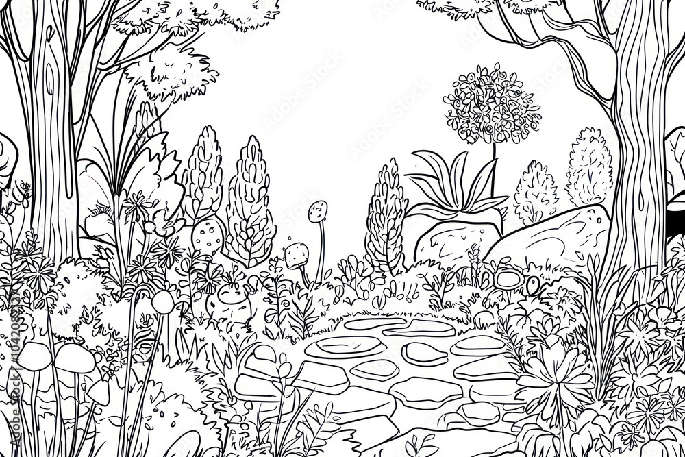 Magical garden, coloring page for kids, line art, black and white ...