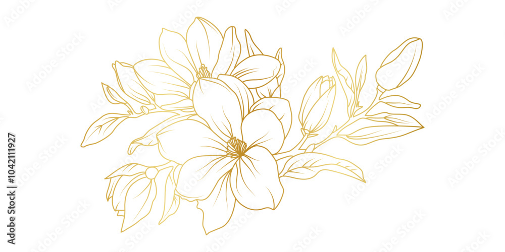 Golden magnolia flowers line art isolated on white background. Luxury ...