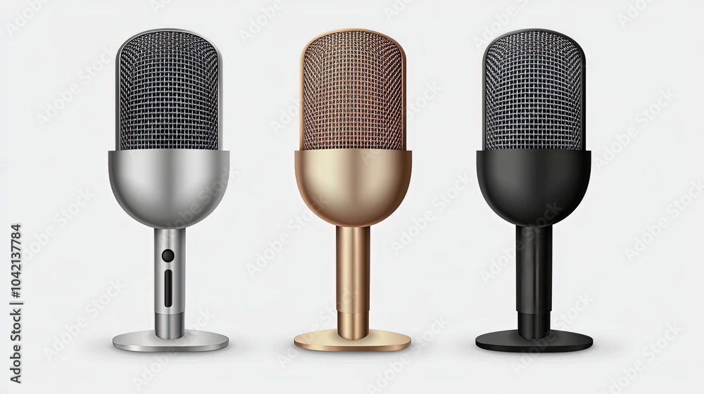 Illustrations of microphone designs in metallic textures and soft ...