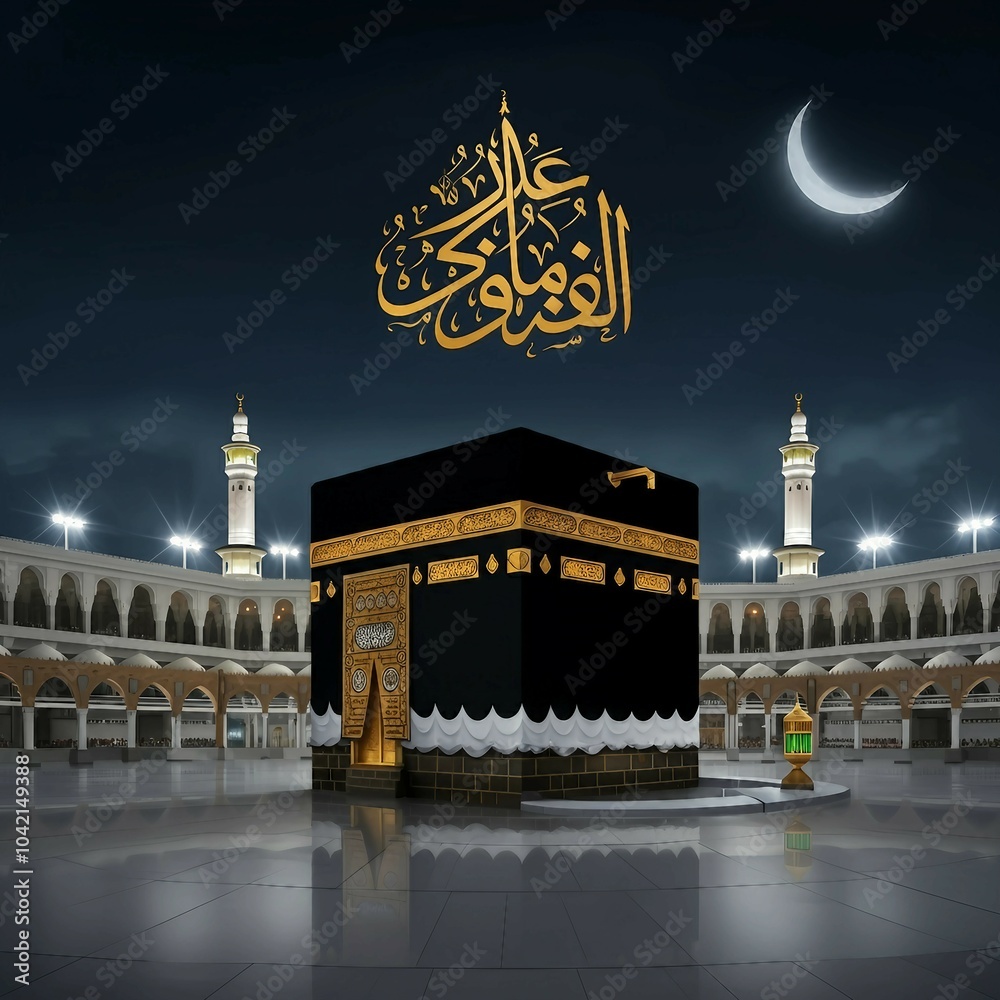 Kaaba at Night with Crescent Moon and Arabic Calligraphy Design for Eid ...