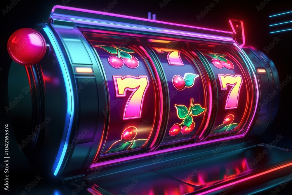 The glowing reels of a classic slot machine display colorful symbols ...