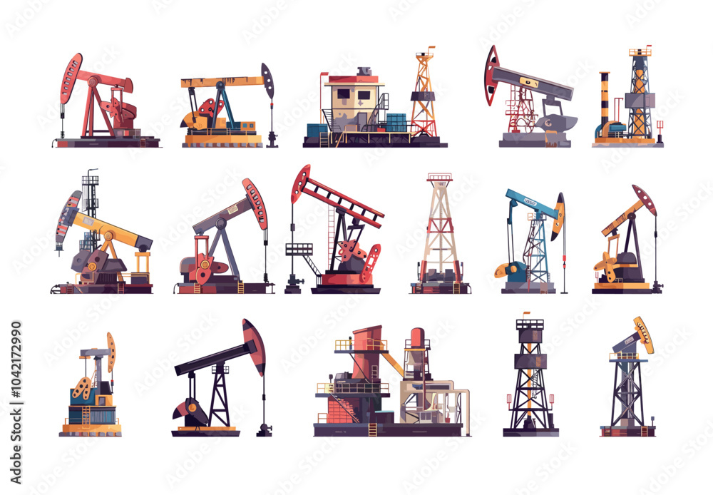 Petroleum oil well towers cartoon vector set. Drilling rig pump ...