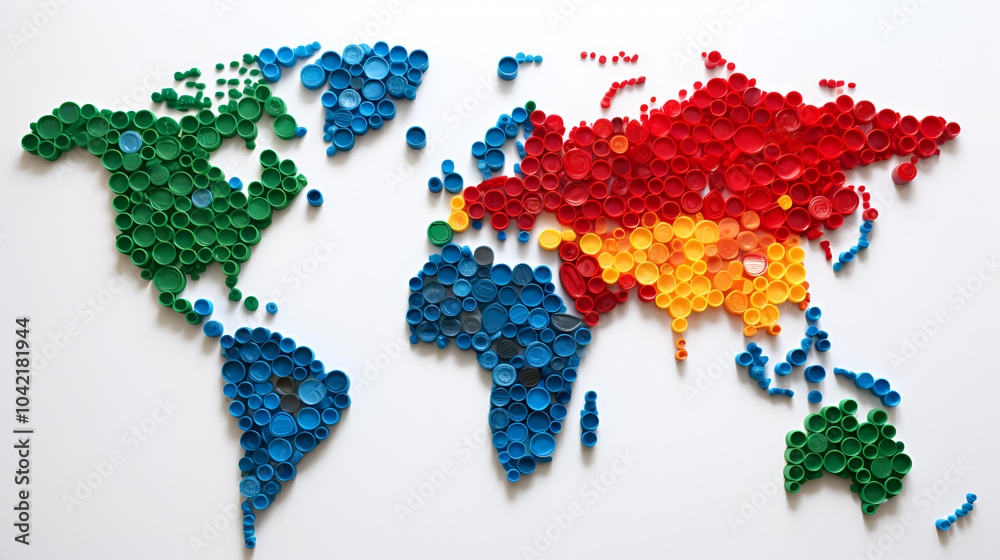Stock-Foto „World map made of colorful plastic bottle caps on a white ...