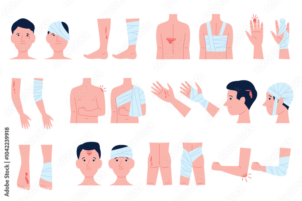 Applying bandages. Various human body parts with bandage. Ambulance ...