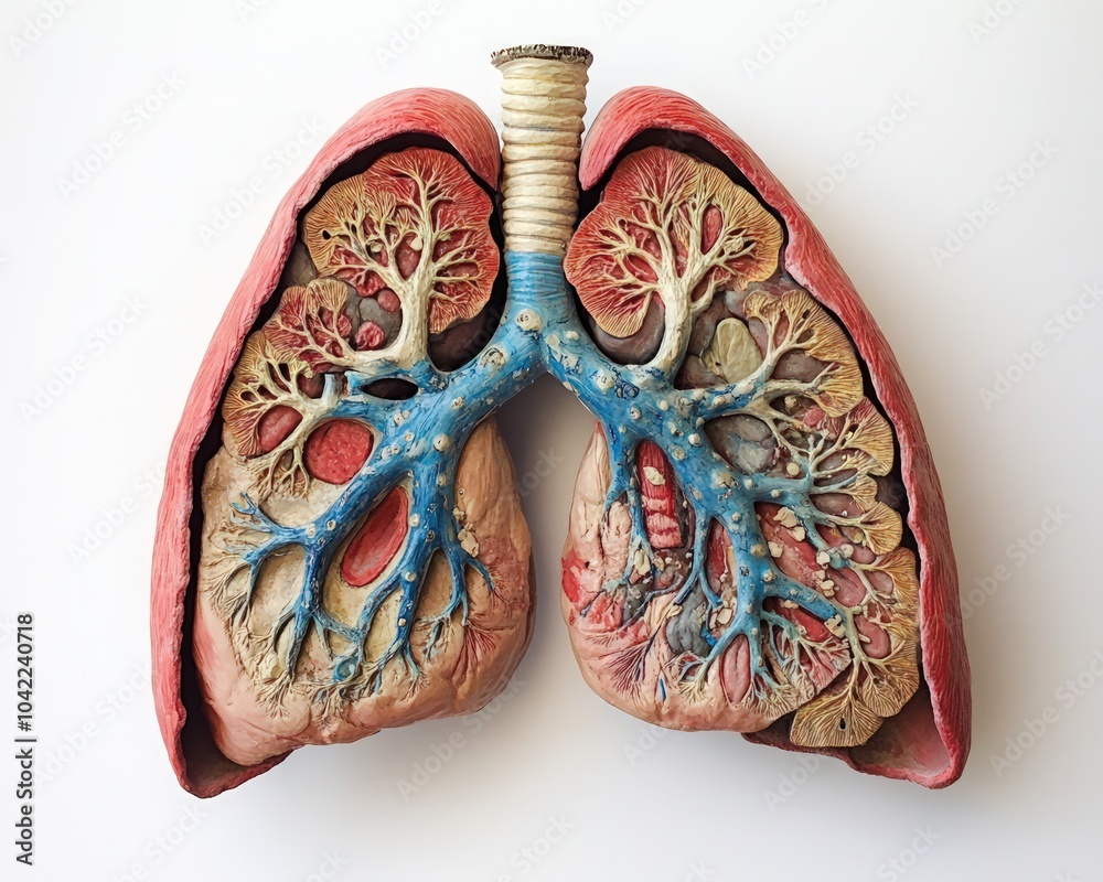 Cross-section a human lung with alveoli, bronchi, and detailed anatomy ...