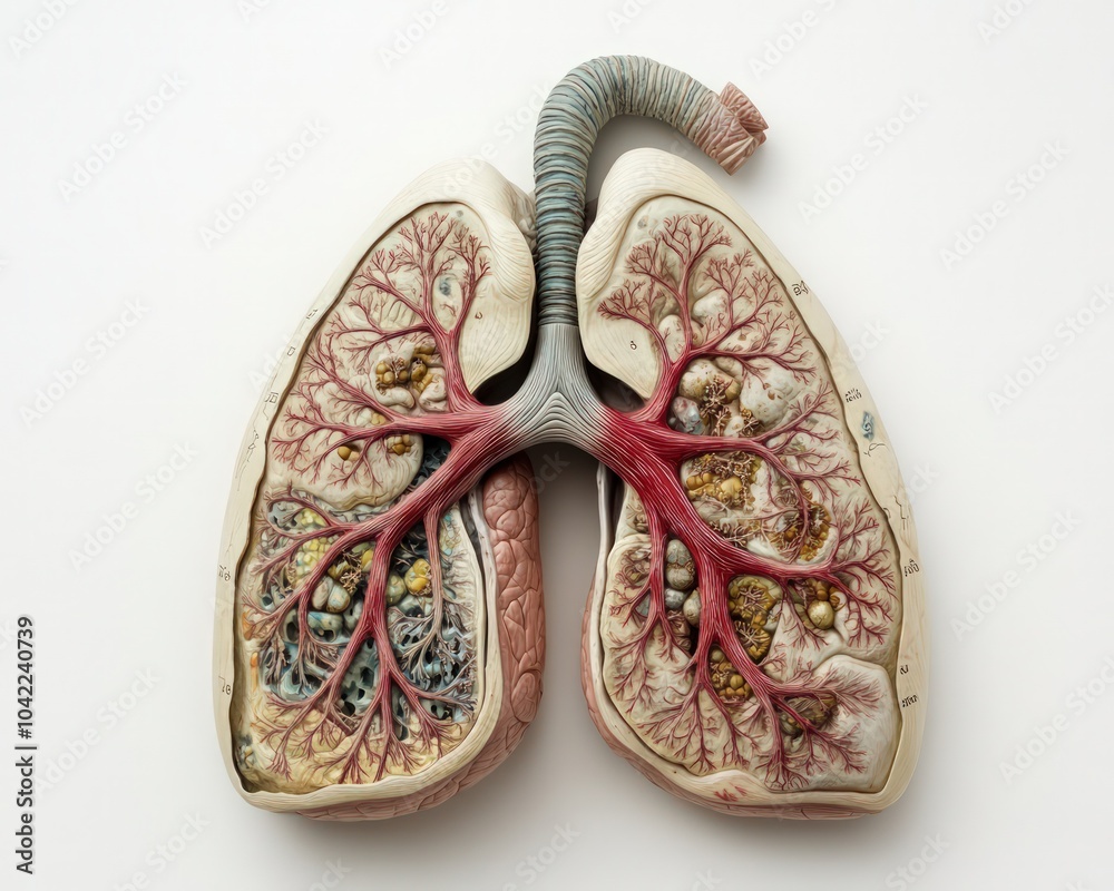 Cross-section a human lung with alveoli, bronchi, and detailed anatomy ...