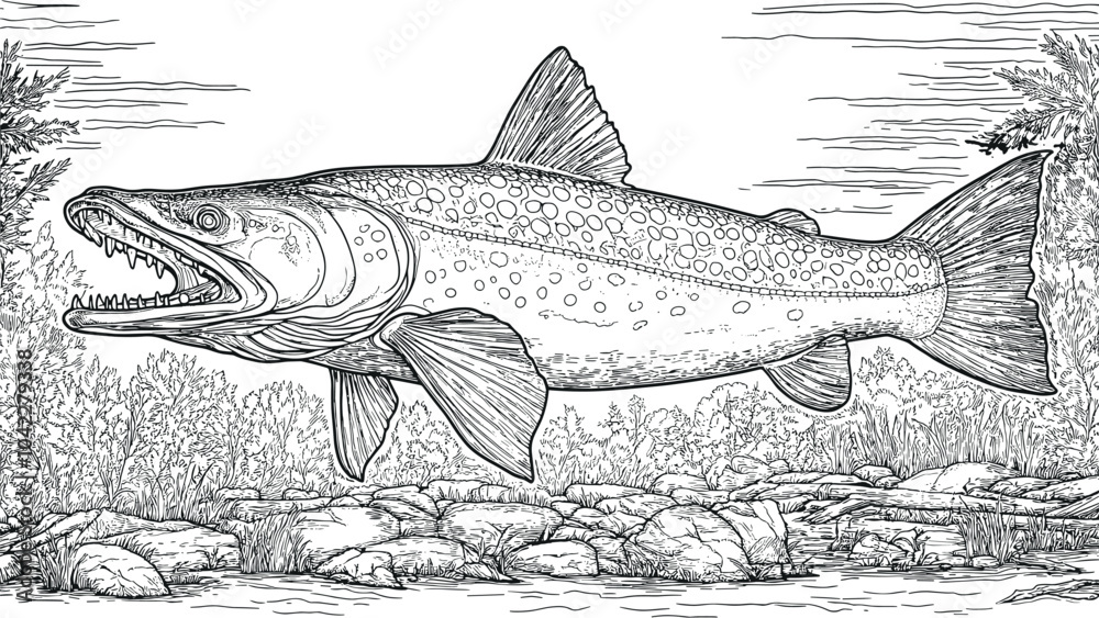 Huge Pike In A Predatory Pose Coloring Page Pike With Sharp Teeth Water ...
