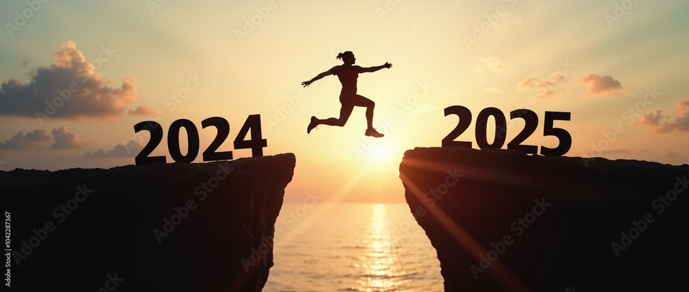 Silhouette of a person jumping across a chasm, with the numbers 2024 on ...