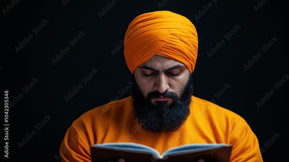 Sikh man reading from the Guru Granth Sahib, illustrating devotion and ...