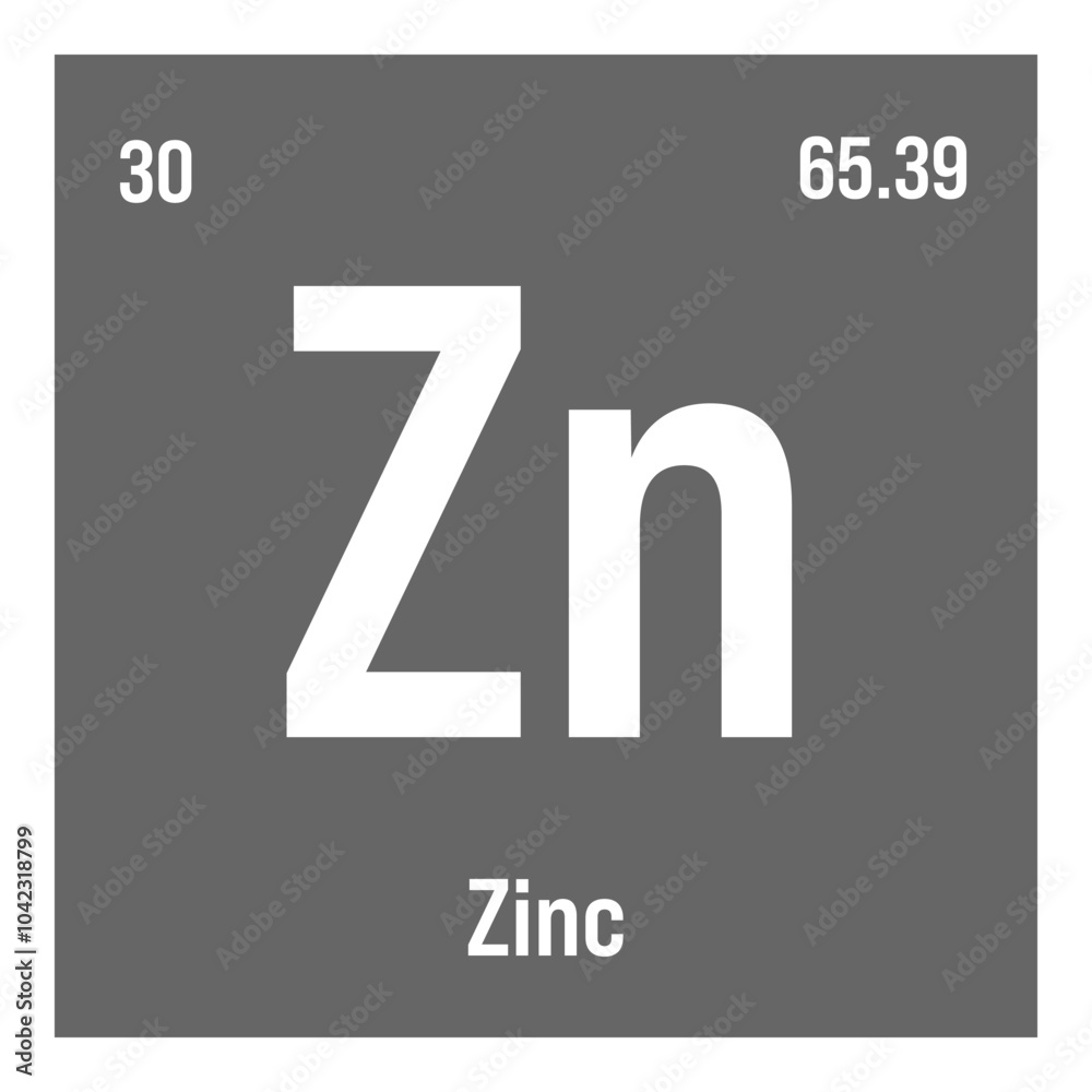 Zinc, Zn, periodic table element with name, symbol, atomic number and ...