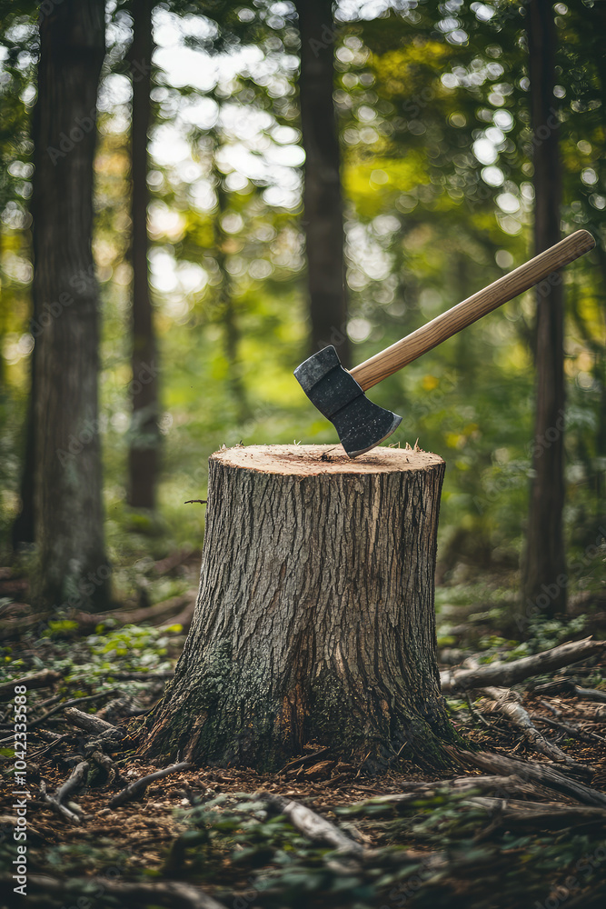 Axe hitting the cut wood tree stump in forest, copy space. Cutting wood ...
