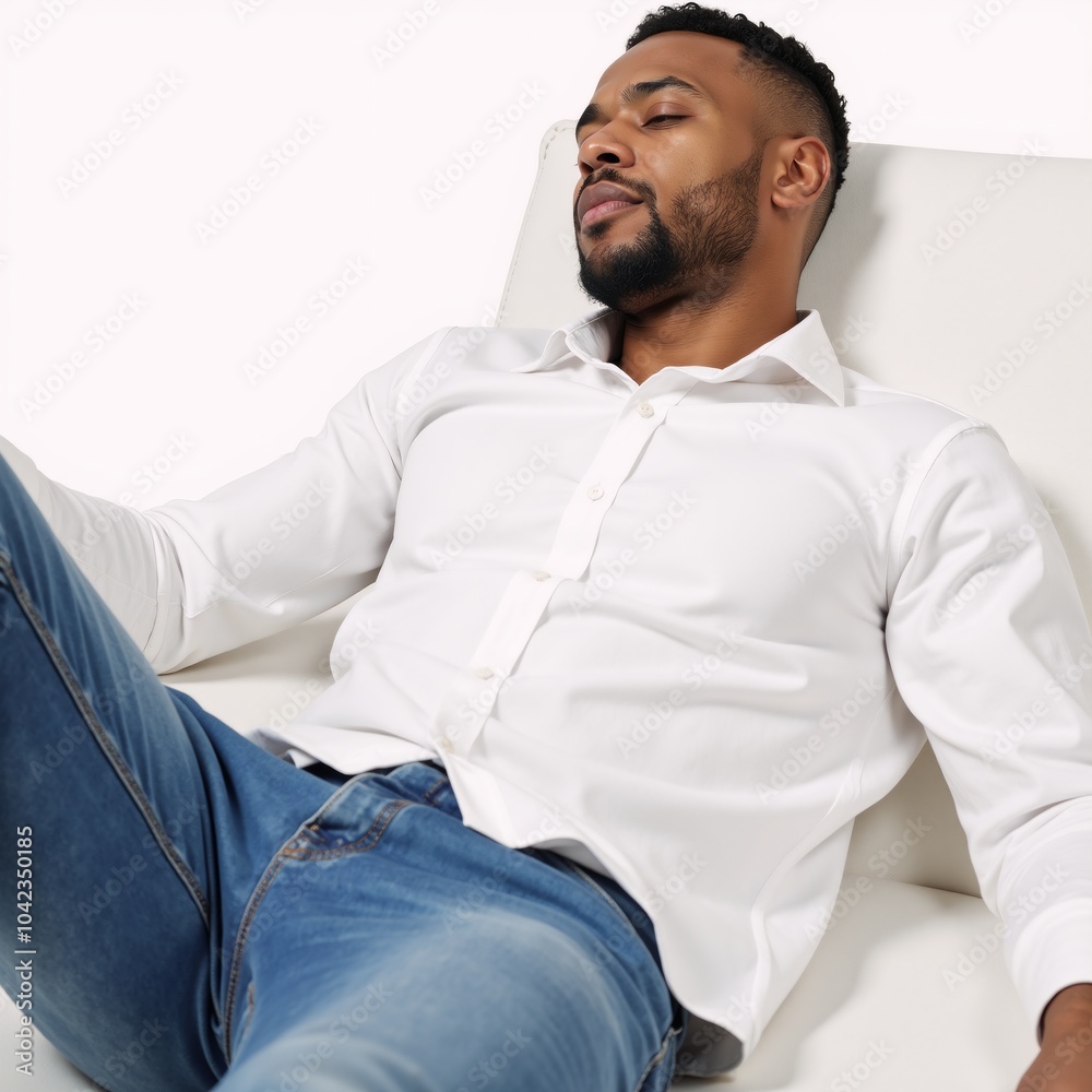 A black African-American bearded man sleeps in a white shirt and jeans against an isolated white ...