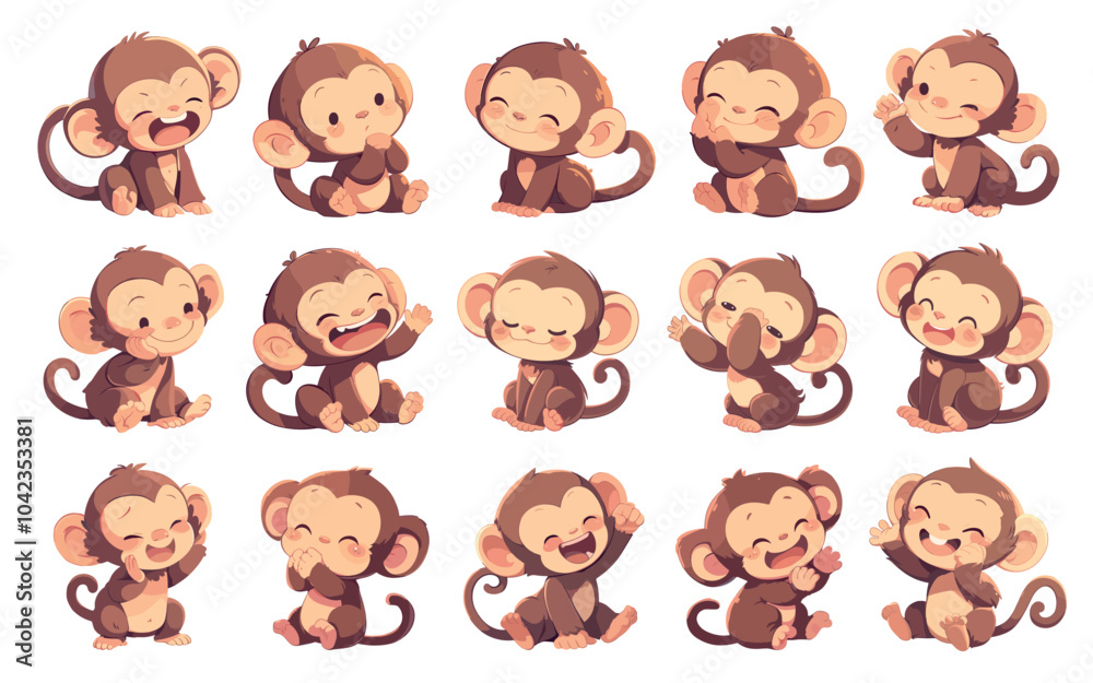 Cartoon baby monkeys set. Cute funny jungle animal character poses and ...