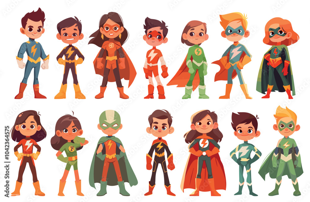 Cartoon kids in superhero costumes set. Boys and girls wearing mask ...