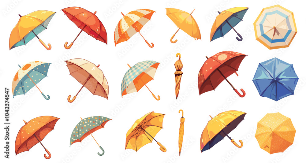 Cartoon umbrellas set. Closed and open rain protection accessories design, umbrella top view ...