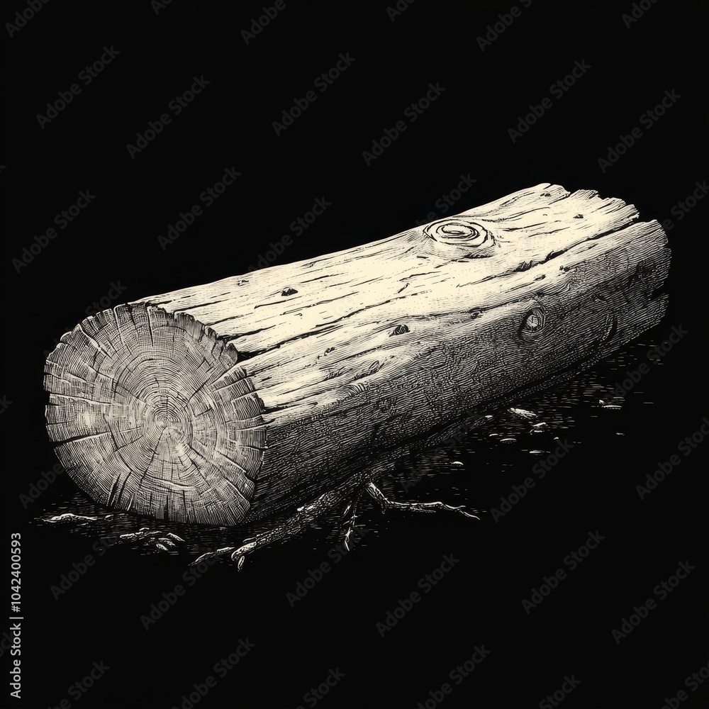 Detailed, black and white illustration of a wooden log with visible ...