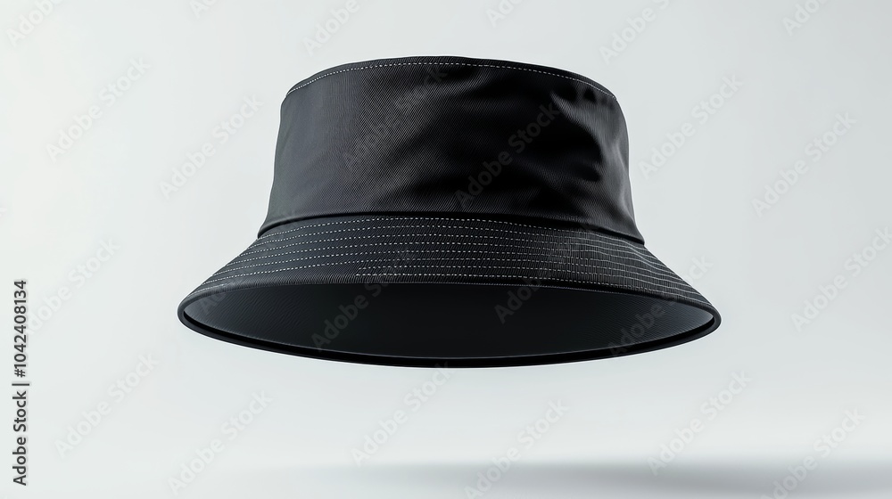 Close-up of a blank black bucket hat floating in mid-air, no gravity ...
