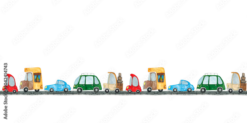 Watercolor composition, a border consisting of a road, road signs and ...